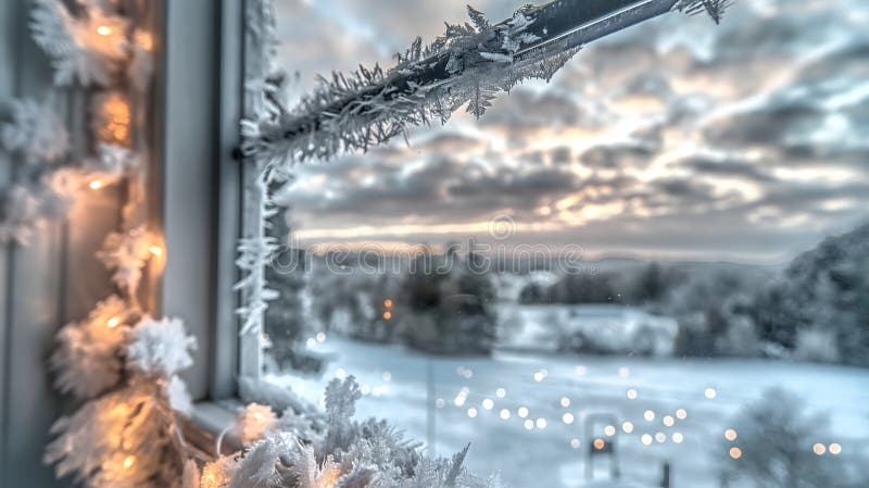 A Christmas Window View, with Lights and Snow Stock Illustration ...