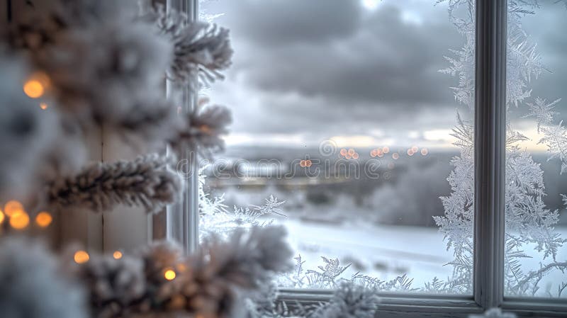 A Christmas Window View, with Lights and Snow Stock Illustration ...