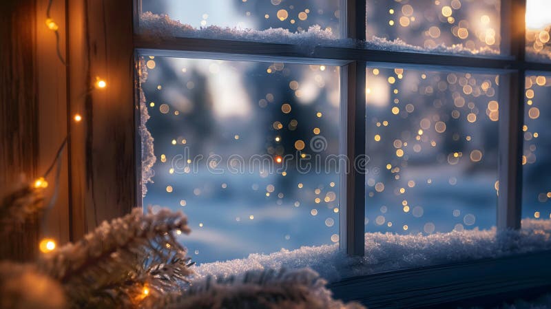 A Christmas Window View, with Lights and Snow Stock Illustration ...