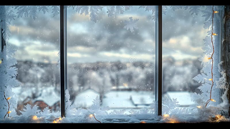 A Christmas Window View, with Lights and Snow Stock Illustration ...