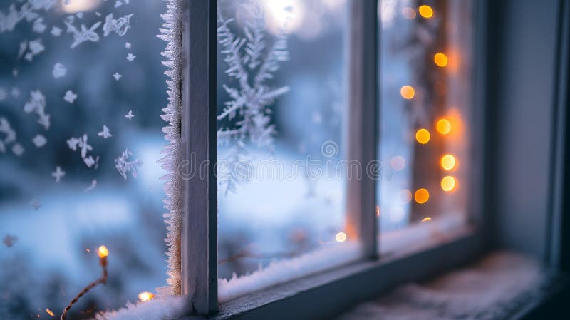 A Christmas Window View, with Lights and Snow Stock Illustration ...
