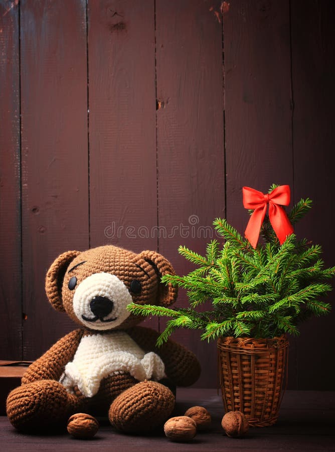 Christmas Winter Bear with Fir Tree and Glowing Garland Stock Photo ...