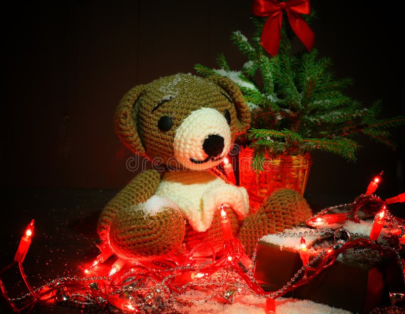 Christmas Winter Card with Teddy Bear and Christmas Tree with Lights ...