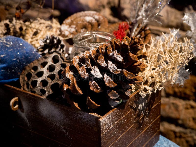 Christmas Winter Composition with Cinnamon Sticks, Fir Tree, Red Berry ...