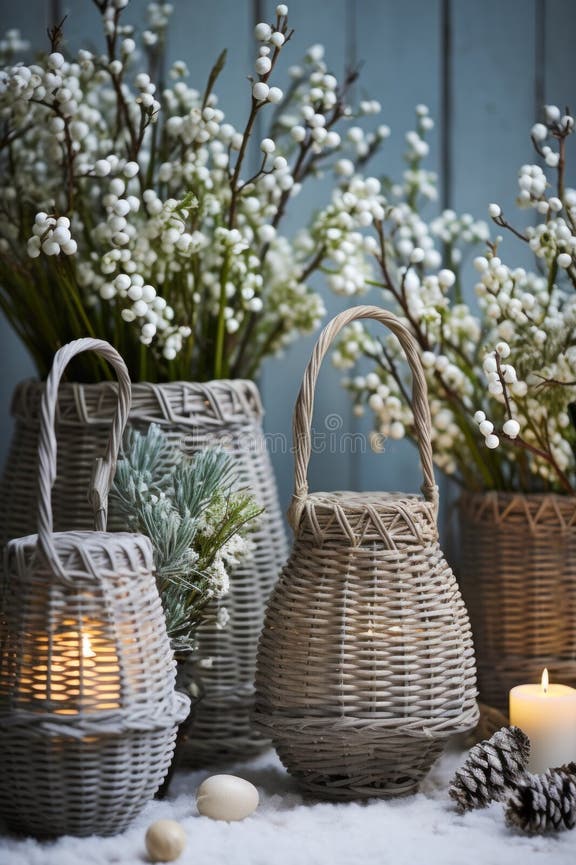 Christmas Winter Flower Decor in Wicker Baskets Stock Illustration ...