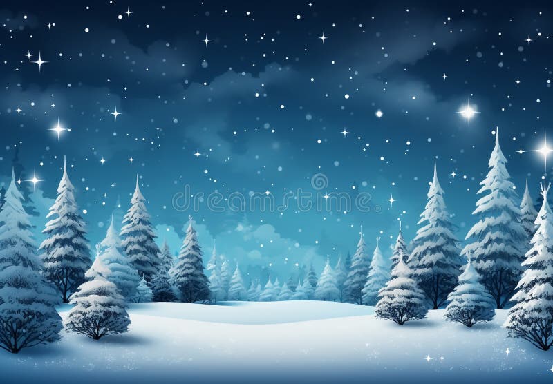 Christmas Winter Landscape with Snow, Trees and Lights Stock ...