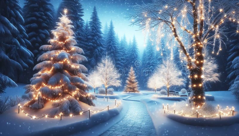 Christmas Winter Landscape with Snow, Trees and Lights Stock ...
