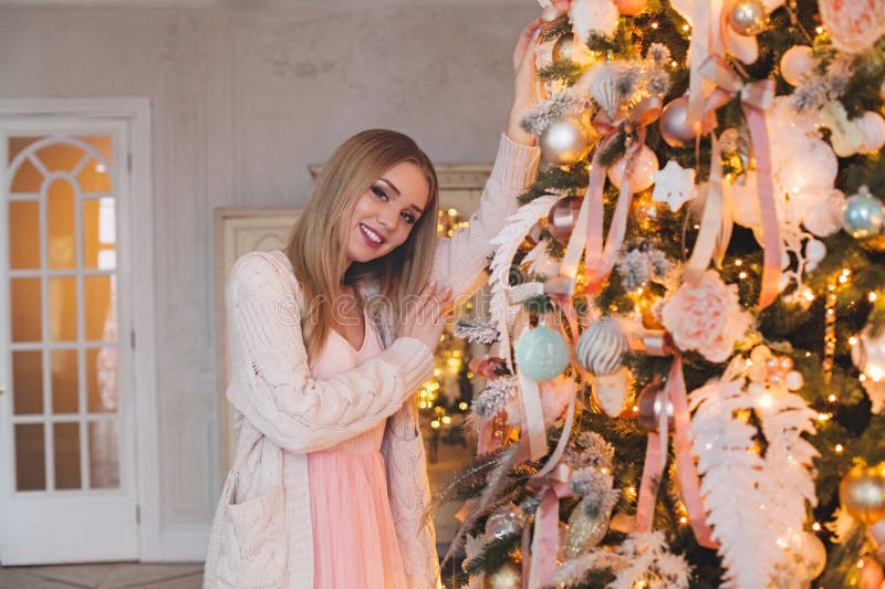 Christmas Woman Decorating Christmas Tree at Home Stock Image - Image ...