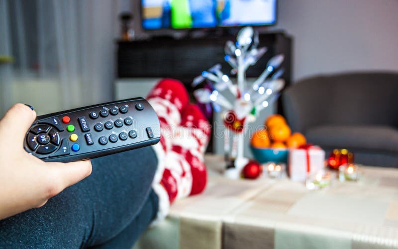 Christmas. Woman Watching Tv Stock Photo - Image of happy, modern ...