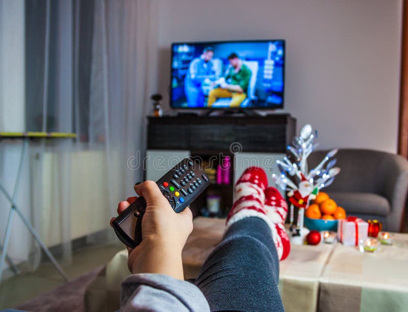 Christmas. Woman Watching Tv Stock Photo - Image of season, modern ...