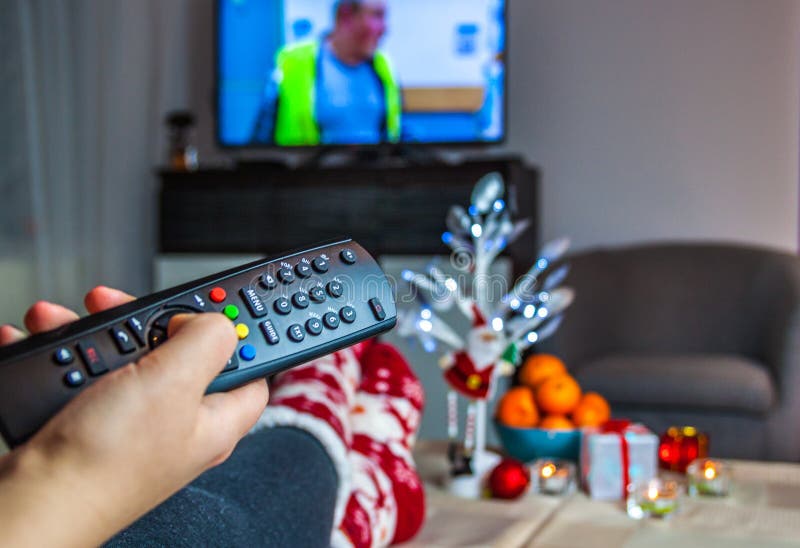 Christmas. Woman Watching Tv Stock Photo - Image of glow, modern: 104702820