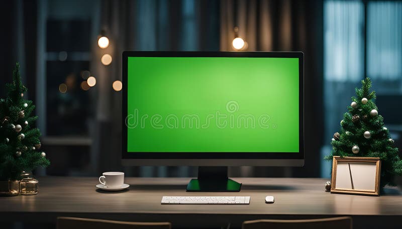 Christmas Workspace with Green Screen Computer Stock Illustration ...