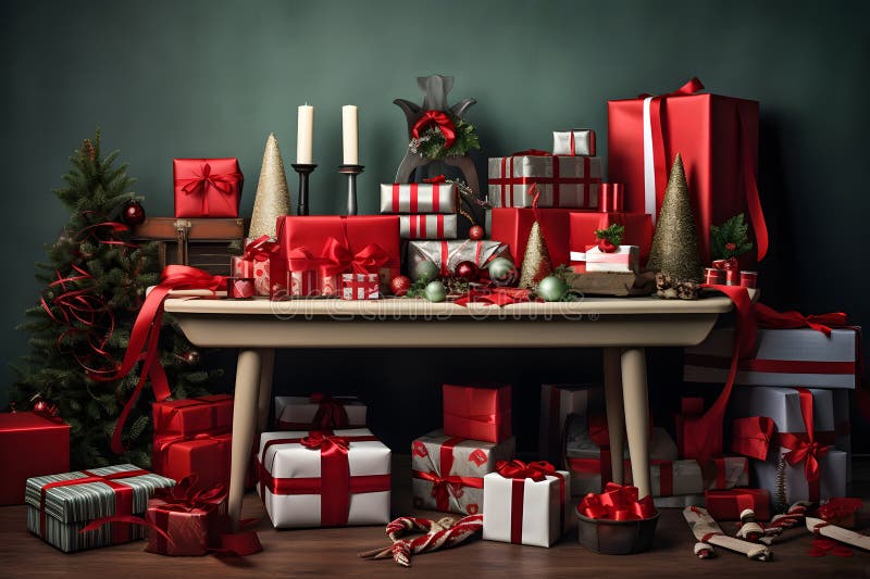 Christmas Wrapping Table with Gift Boxes Ribbons Pape by Generative AI ...