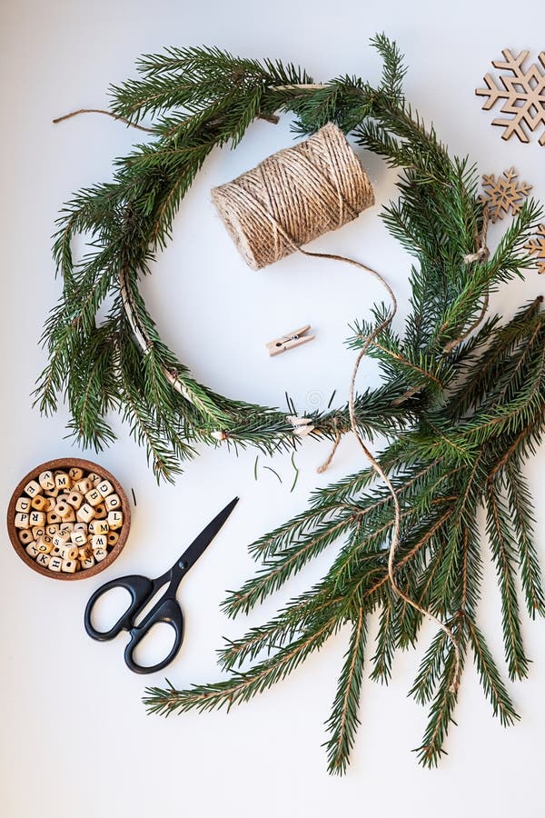 Christmas Wreath Crafting Tools and Materials on White Table. DIY ...
