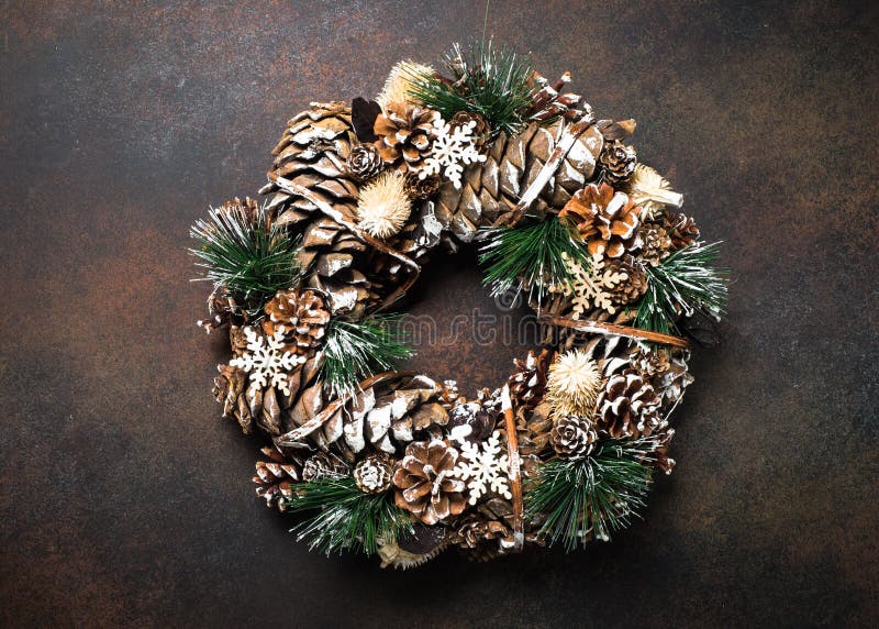 Christmas Wreath on Dark Rusty Table. Stock Image - Image of view ...