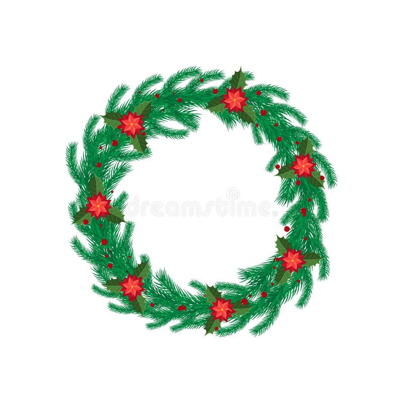 Christmas Wreath Design with Pin Branches and Holly Berries. Vector ...