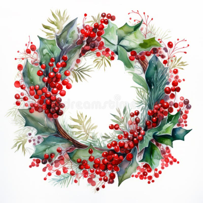 Christmas Wreath of Holly Leaves and Berries. Watercolor Postcards ... Christmas Wreath of Holly Leaves and Berries. Watercolor Postcards ...