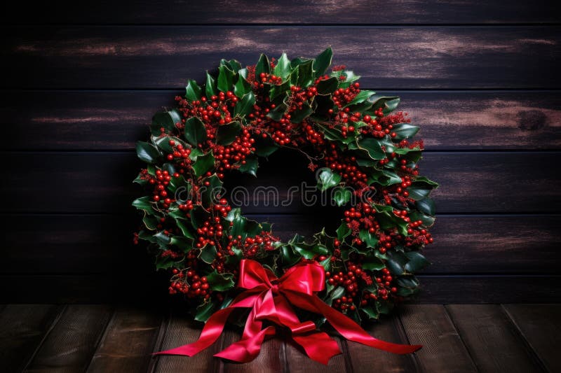 A Christmas Wreath Made of Holly and Red Ribbon Stock Photo - Image of ...