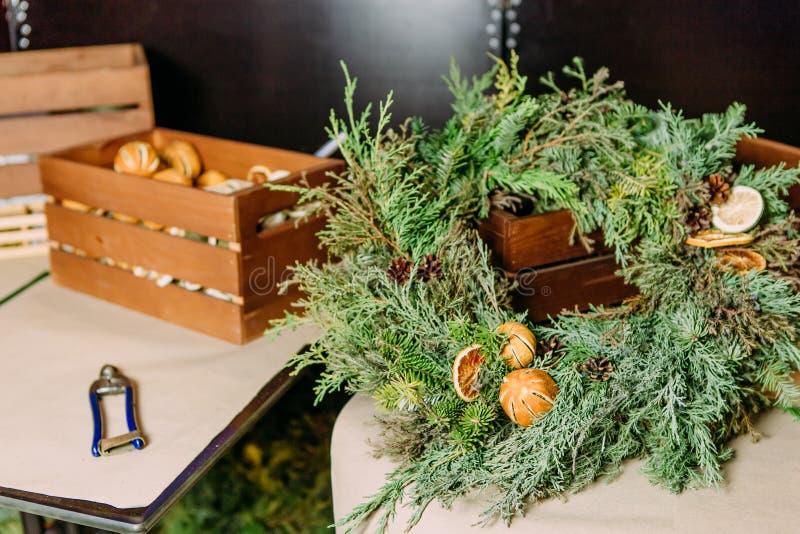 Christmas Wreath Making Process Tools Decorations Details Stock Photo ...