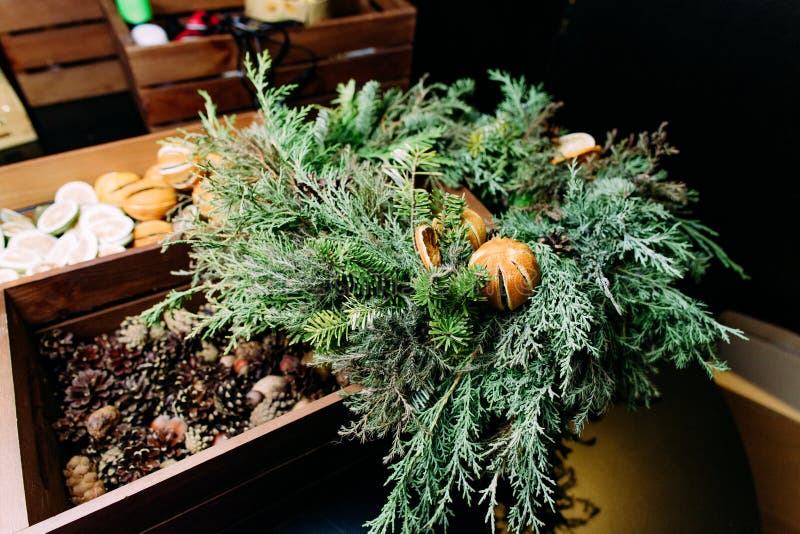 Christmas Wreath Making Process Tools Decorations Details Stock Image ...