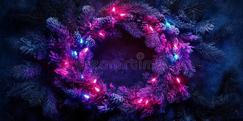 Christmas Wreath with Neon Lights Glowing on Snowy Pine Branches Stock ...