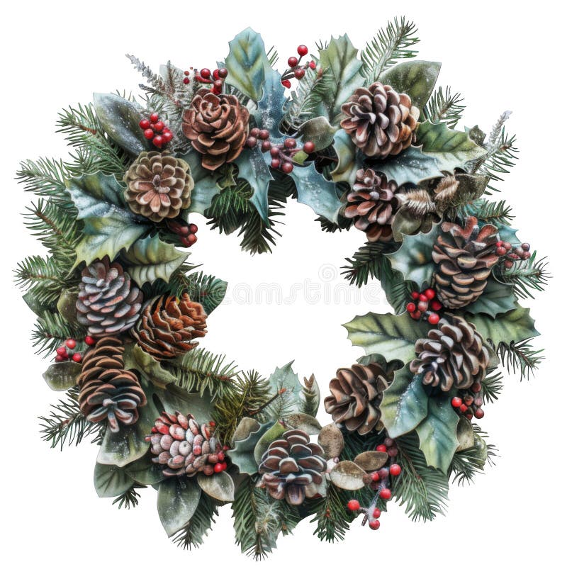 Christmas Wreath with Pine Cones and Holly Stock Image - Illustration ...