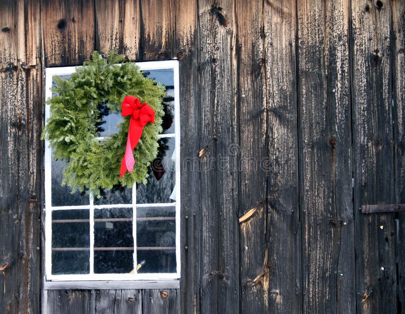 Christmas Wreath with Red Bow on Barn Stock Photo - Image of barn ...