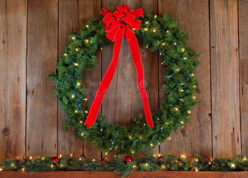 Christmas Wreath with Red Ribbon Stock Photo - Image of interior ...