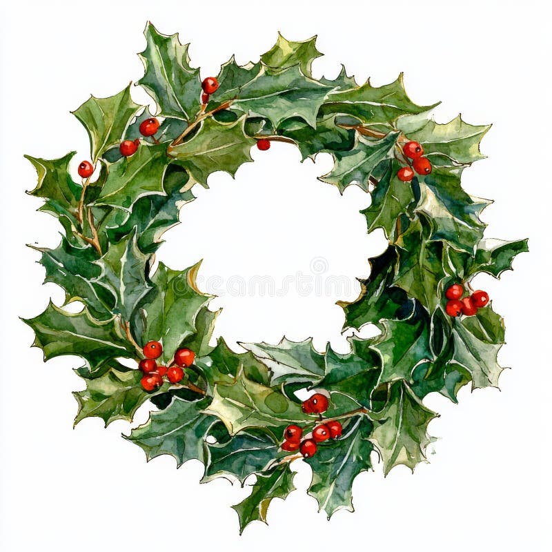 Christmas Wreath of Spruce with Berries and Mistletoe in Watercolor ...