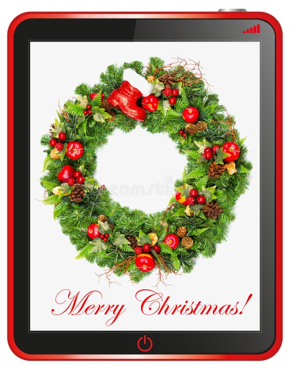 Christmas Wreath with Tablet Pc Frame Stock Image - Image of berry ...