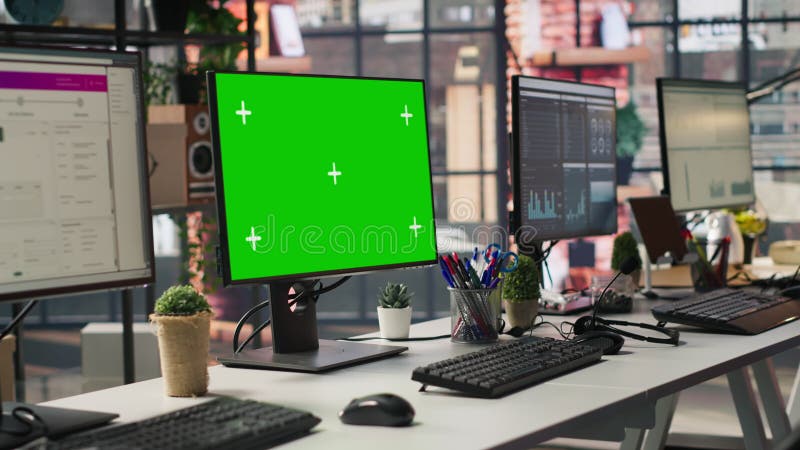 Chroma Key Computer Displays in Empty Office Stock Video - Video of ...