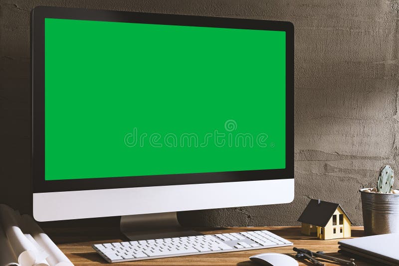 Chroma Key Green Screen, Angled View Computer on Table with ...