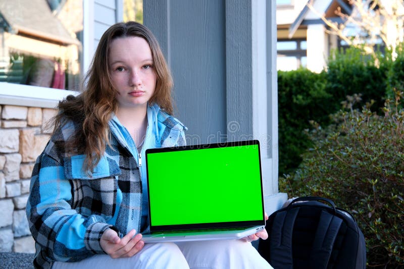 Chroma Key Green Screen Laptop Computer Girl Stock Photo - Image of ...