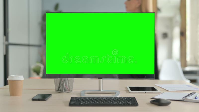 Computer with Green Screen in Office, Chroma Key Stock Video - Video of ...
