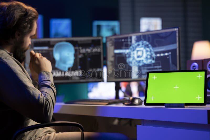 Chroma Key Tablet on Desk Next To Self Aware Artificial Intelligence ...