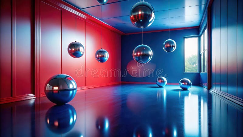 Chromatic Interior Reflective Spheres Suspended in a Modern Room with ...