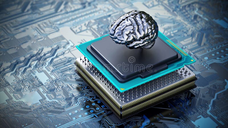 Chrome Brain on the CPU Installed on the Mainboard. 3D Illustration ...