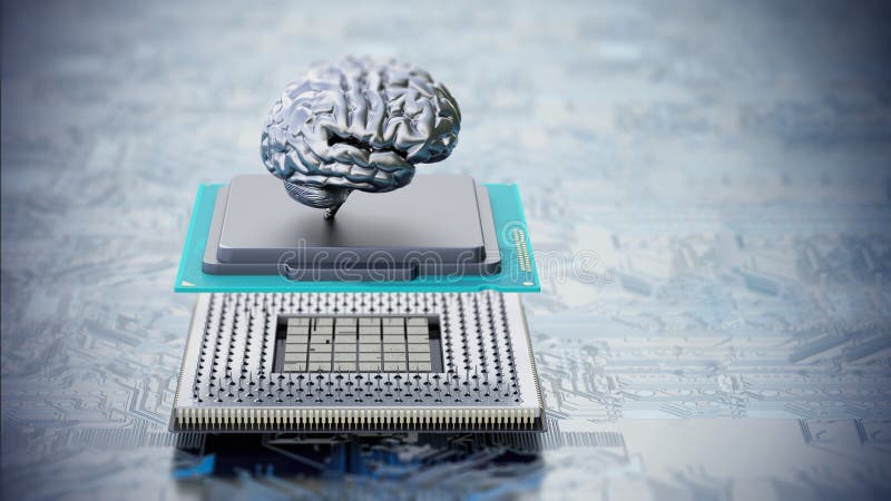 Chrome Brain on the CPU Installed on the Mainboard. 3D Illustration ...