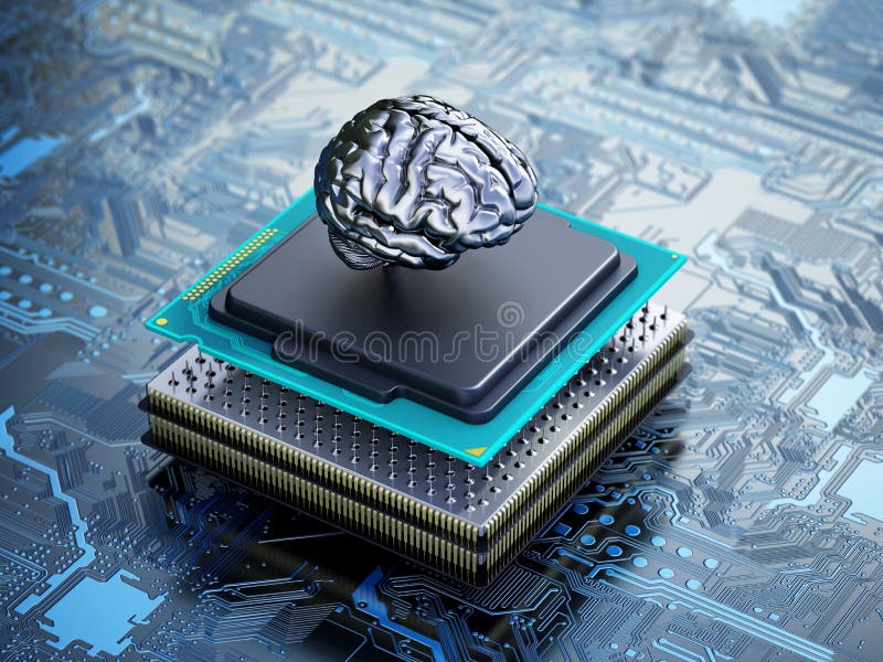 Chrome Brain on the CPU Installed on the Mainboard. 3D Illustration ...