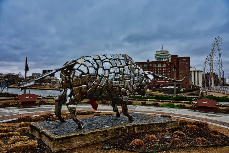 Chrome Bull Facing Wichita Skyline Across the River Editorial Photo ...