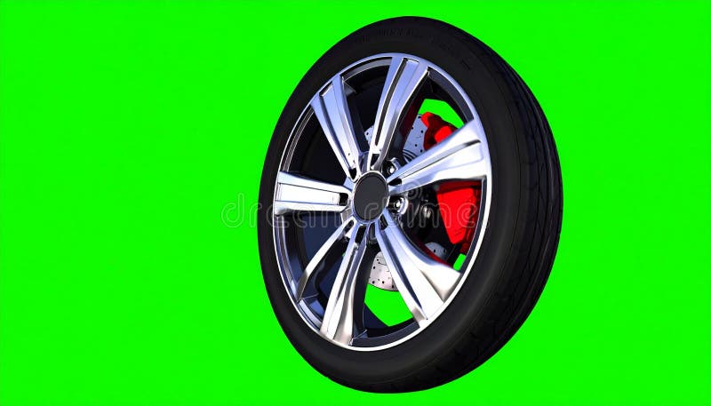 Chrome Car Wheel with Red Brake Caliper on Green Screen Stock ...