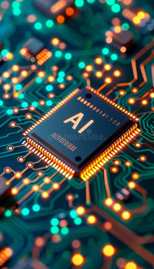 Chrome Computer Chip with Ai Engraving on Green Circuit Board with ...