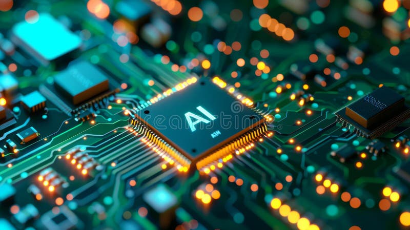 Chrome Computer Chip on Green Board with Ai Etching and Glowing ...