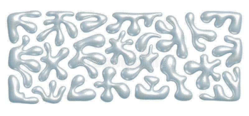 Chrome 3D Liquid Metal Elements Set in Dotted Halftone Style. Wavy ...