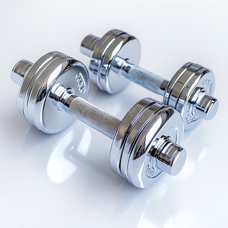 Chrome Dumbbells Shining on Glossy White Surface Stock Illustration ...