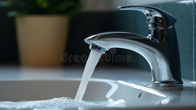 Chrome Faucet with Flowing Water Stream into White Sink, Creating ...