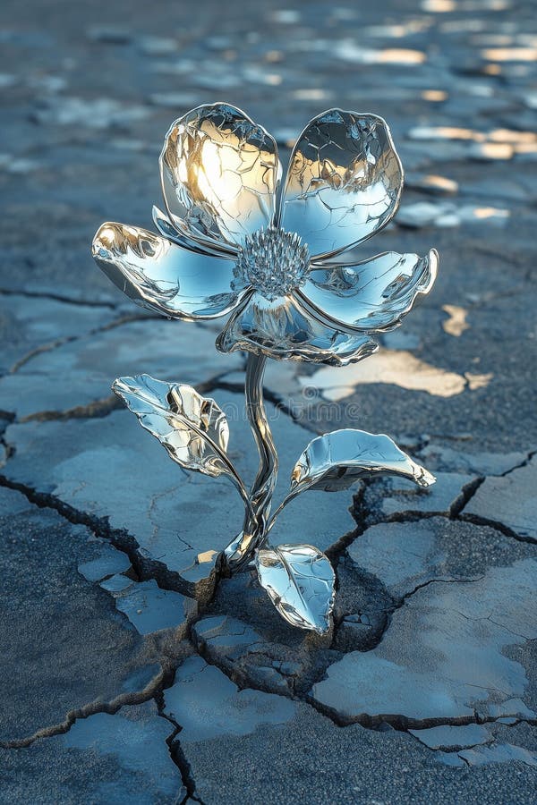 Chrome Flowers Blooming from Cracked Asphalt with Sharp Reflections and ...