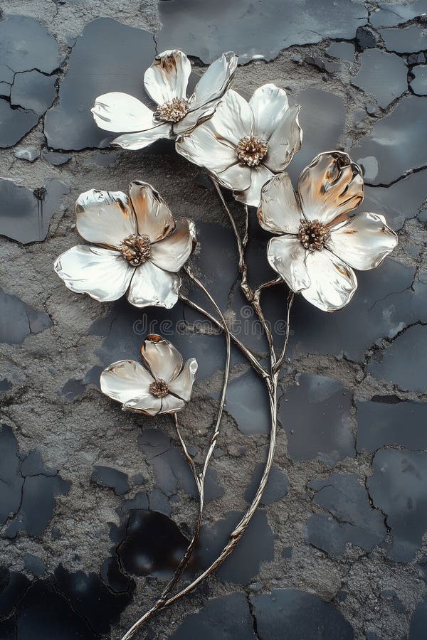 Chrome Flowers Blooming from Cracked Asphalt with Sharp Reflections and ...