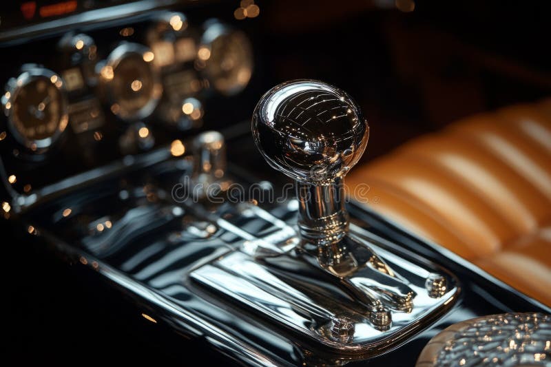 Chrome Gear Stick Reflecting Light in a Luxury Car Interior with ...