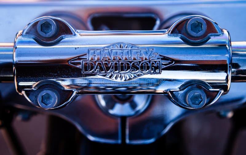Chrome Harley-Davidson Sign on Handlebar Close Up Editorial Photo ...